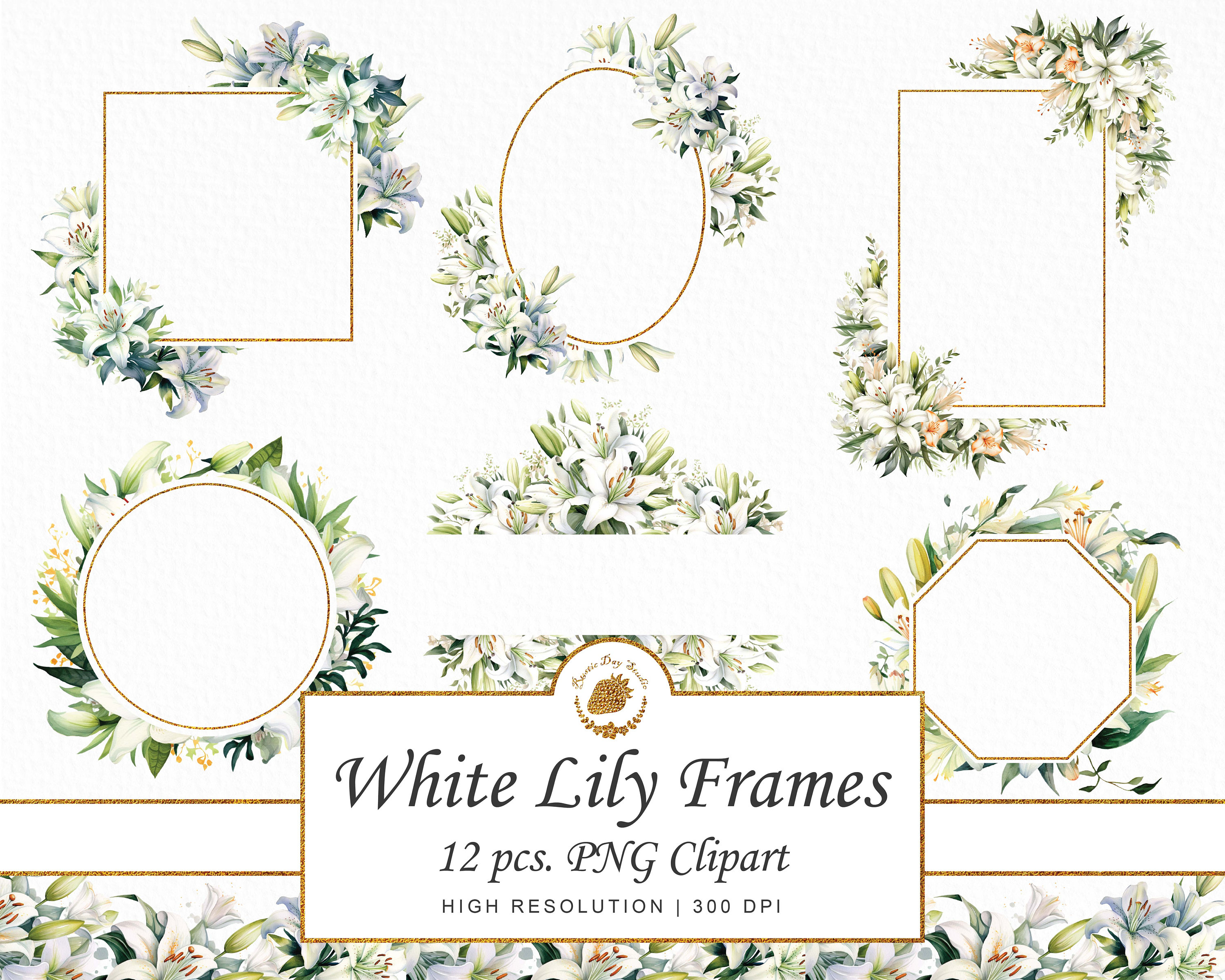 Watercolor White Lily Frames: Floral Clipart Bundle (PNG, SVG, Digital ...