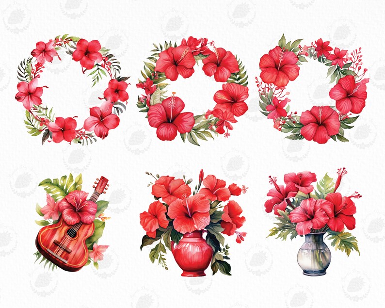 Watercolor Red Hibiscus Clipart Tropical Hibiscus Clipart Bundle Floral ...