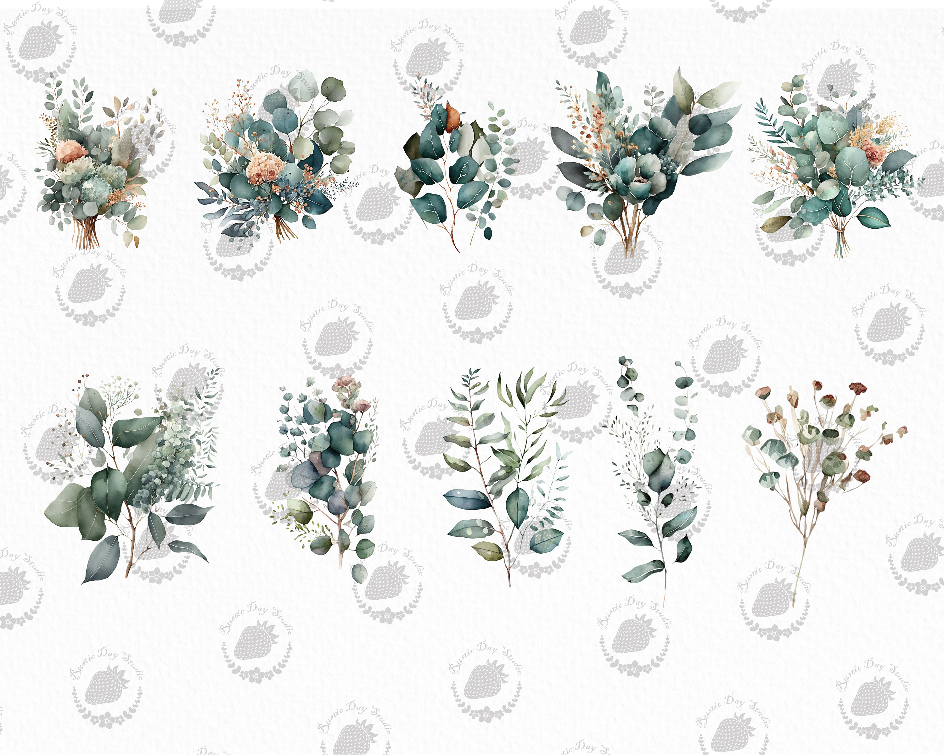 Watercolor Eucalyptus Clipart Bundle: Botanical Wedding Illustrations ...