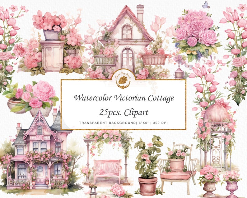 Watercolor Victorian Cottage Clipart Victorian Art Bundle Spring Garden ...