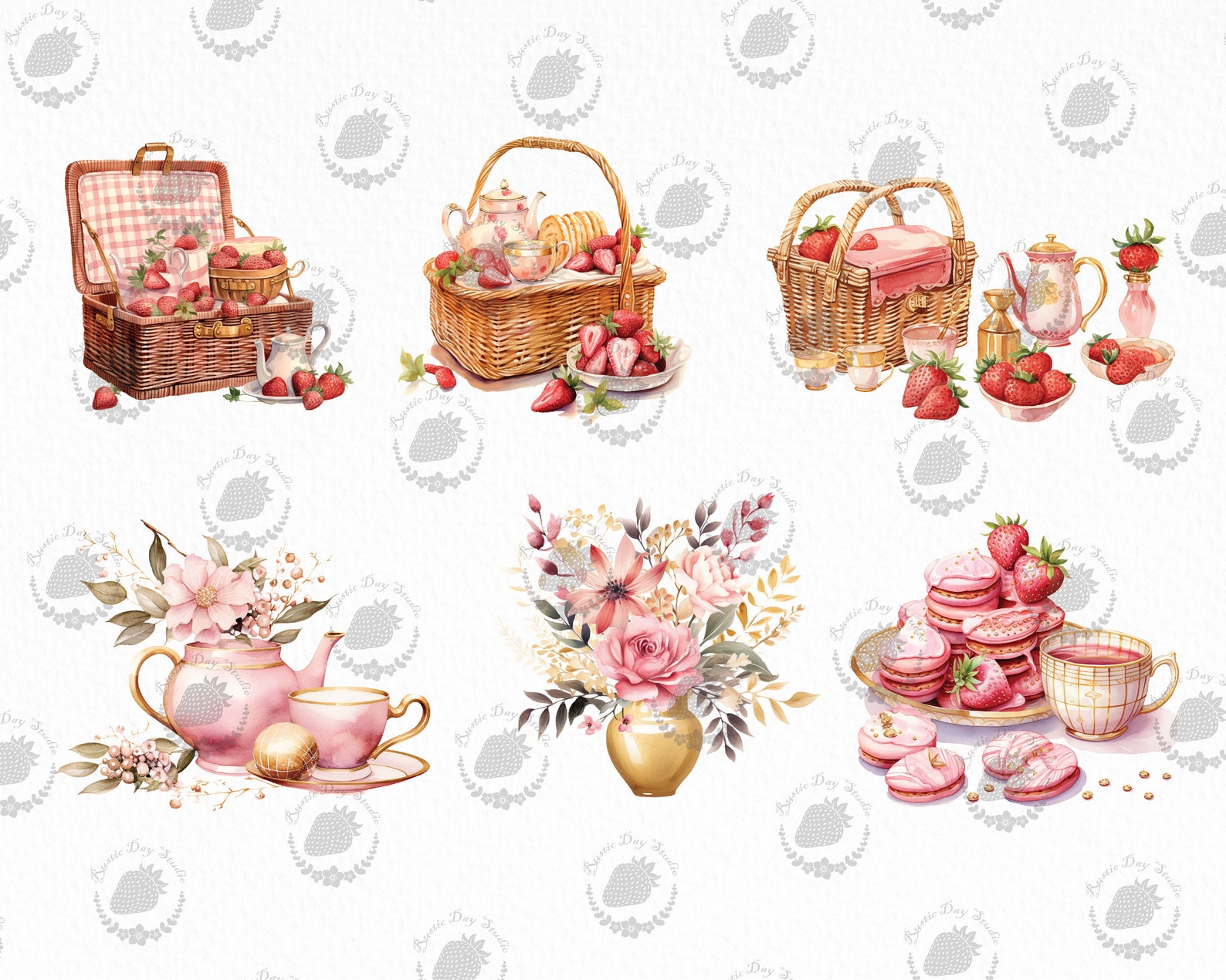 Watercolor Strawberry Tea Clipart: PNG, SVG, Picnic Graphics (digital ...