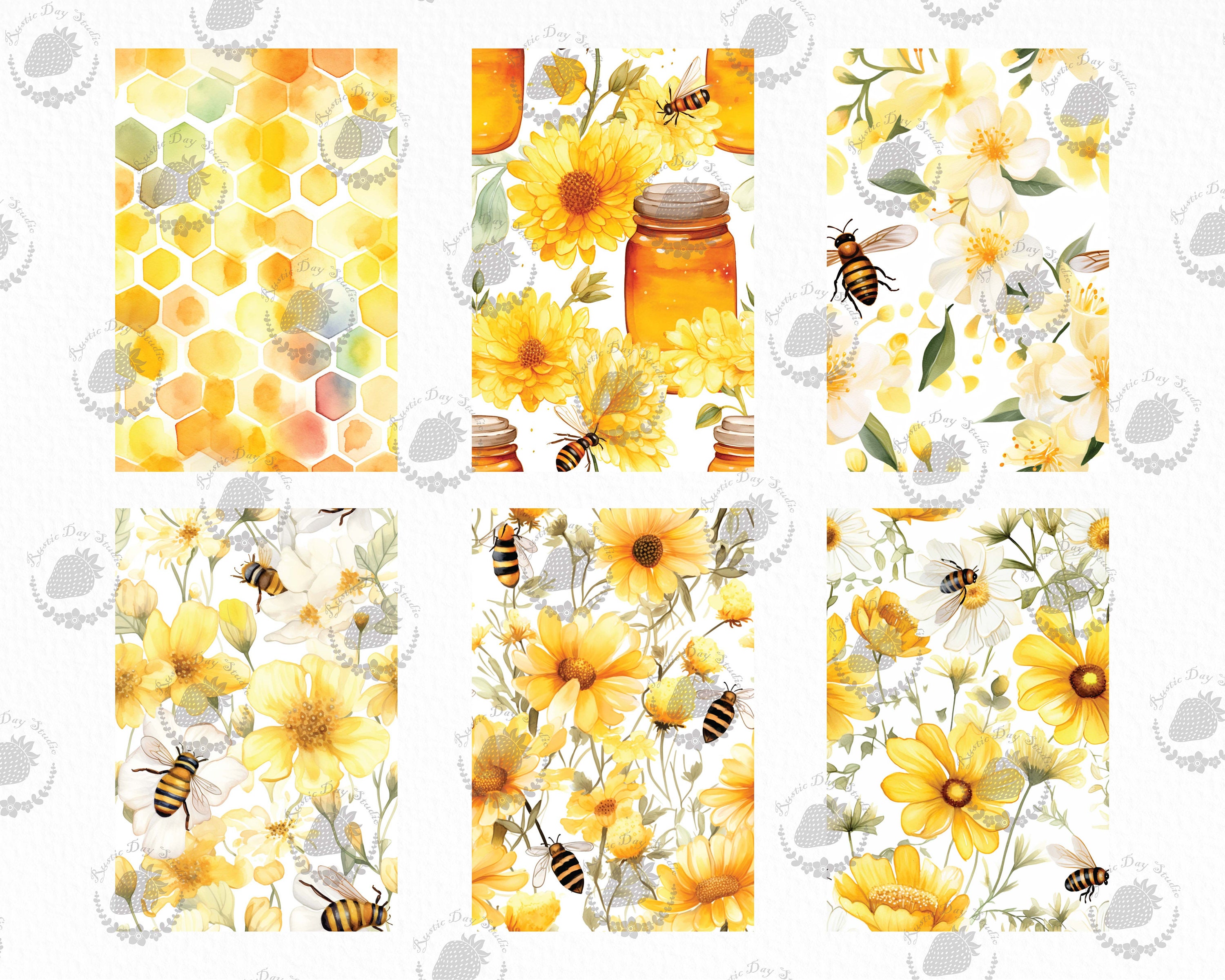 Honey Bee Digital Paper Seamless Bee Pattern Bundle Floral Pattern ...