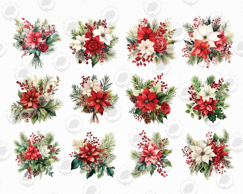 Watercolor Christmas Flower Clipart: Poinsettia Bouquet (PNG, SVG) - Etsy