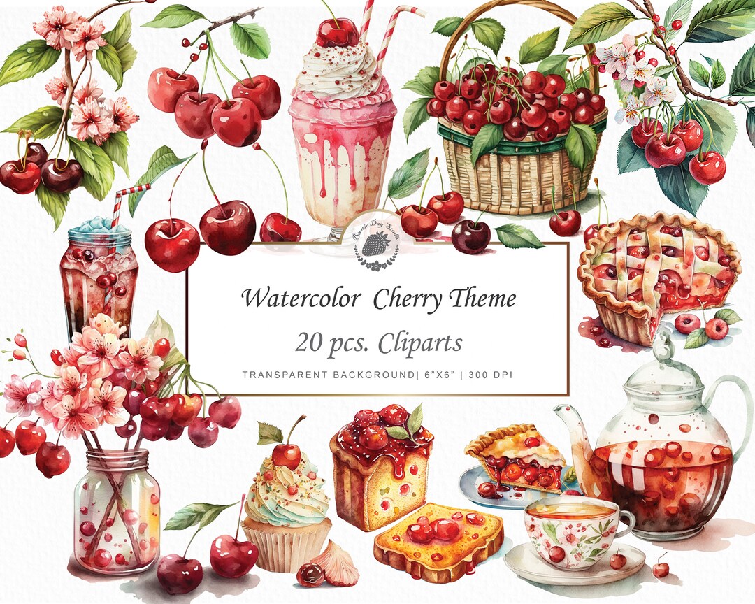 Watercolor Cherry Delight Watercolor Cherry Clipart Bundle Vibrant ...