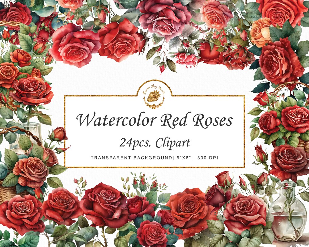 Watercolor Ruby Rose Bouquet Watercolor Red Roses Clipart Bundle ...