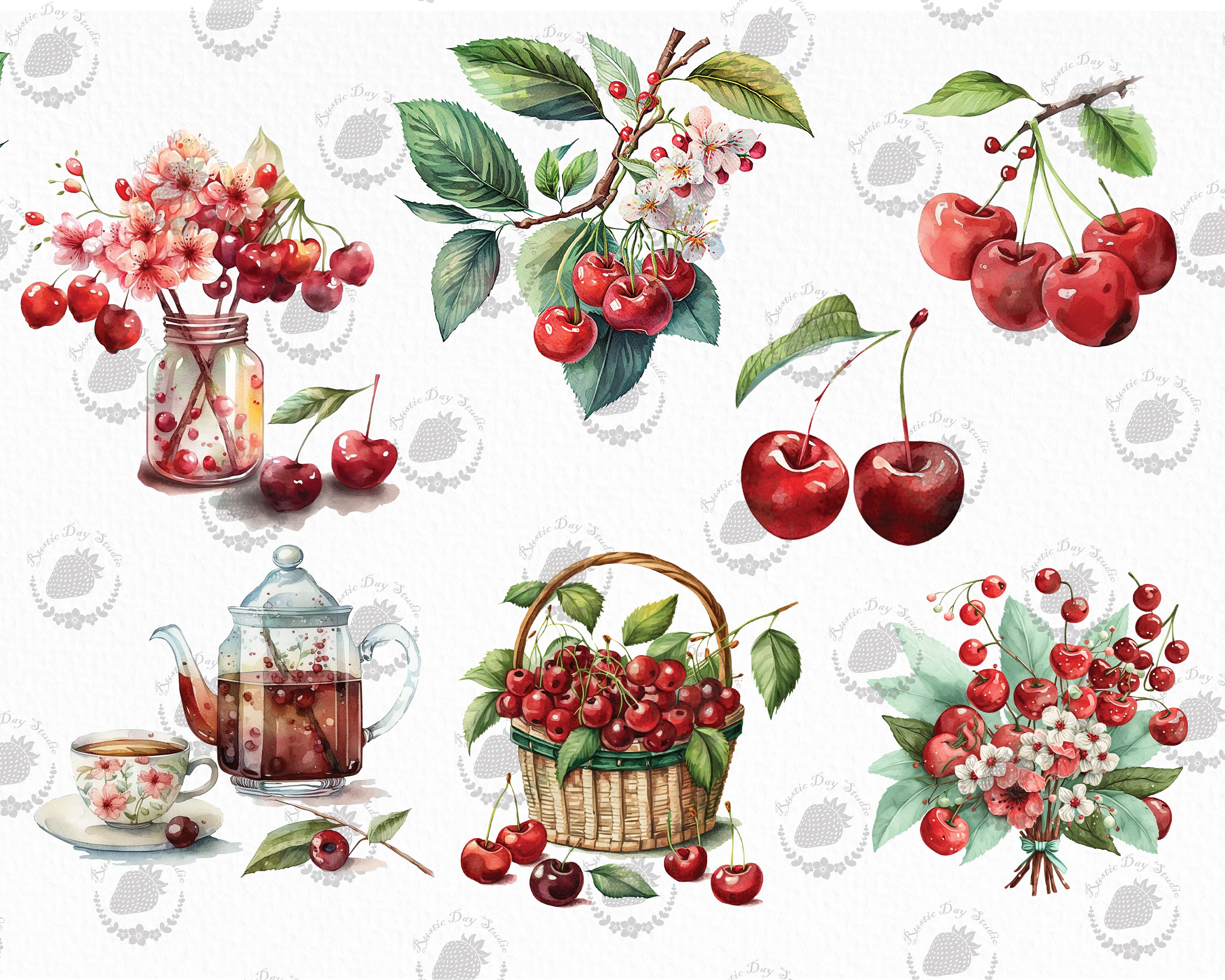 Watercolor Cherry Delight Watercolor Cherry Clipart Bundle Vibrant ...
