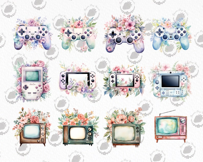 Watercolor Retro Game Clipart Video Game Art Bundle Floral Graphics ...