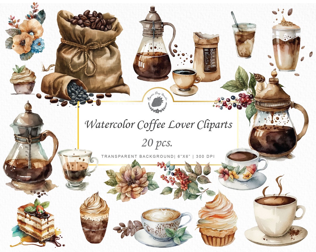 Watercolor Coffee Clipart Bundle: Coffee Cups, Frappe (PNG) - Etsy