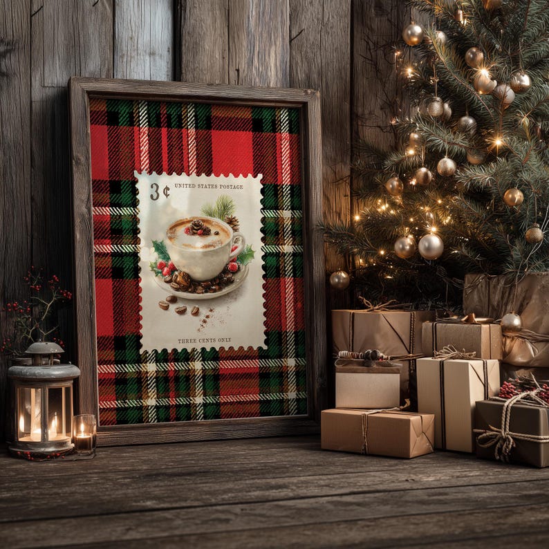 Vintage Christmas Print Winter Red Green Plaid Decor Hot Cocoa Sketch ...