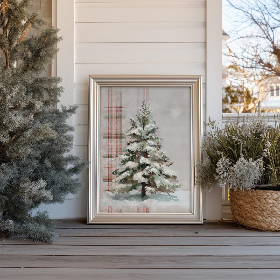 Christmas Tree Printable Wall Art Rustic Snow Covered Pine Print Plaid ...