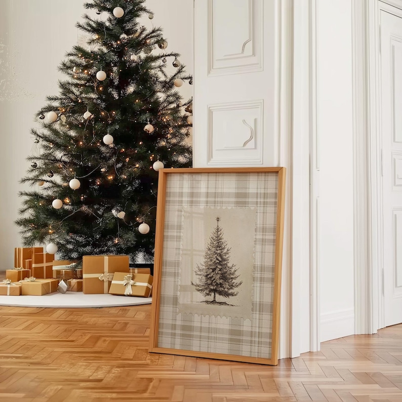 Vintage Christmas Tree Print, Plaid Evergreen Winter Decor, Printed and ...