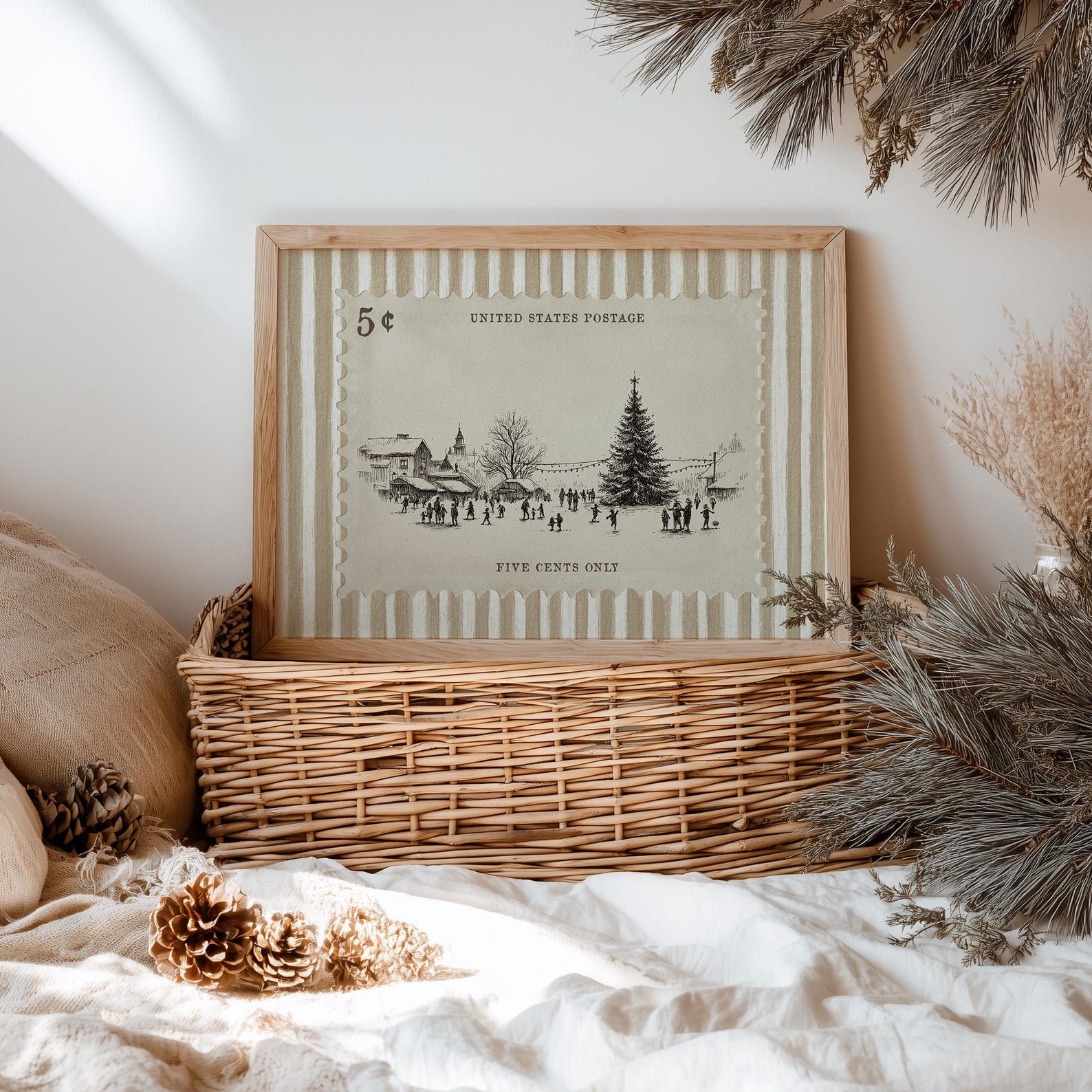 Vintage Christmas Village Print, Neutral Striped Evergreen Winter Decor ...
