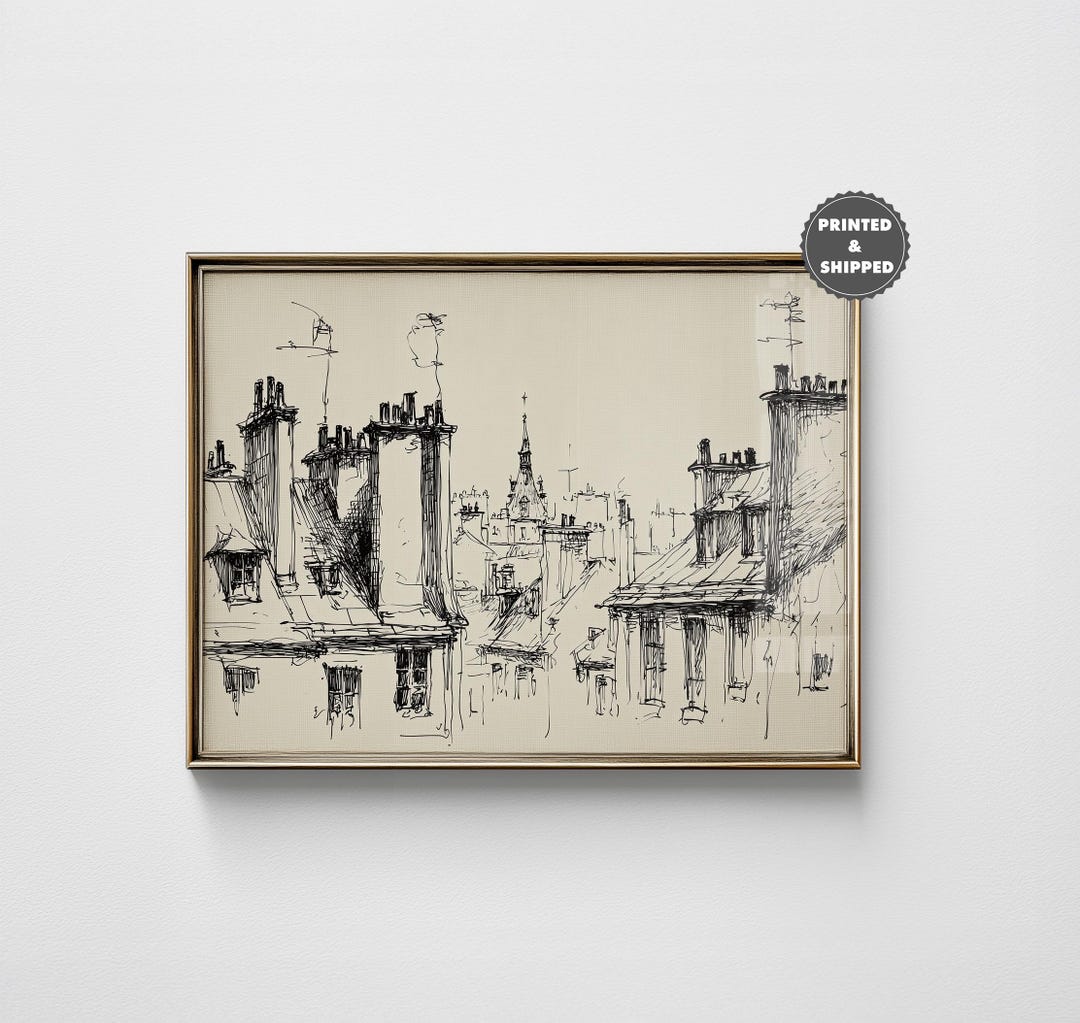 Vintage Skyline Rooftops Line Drawing Print, Rustic Antique Pen Sketch ...