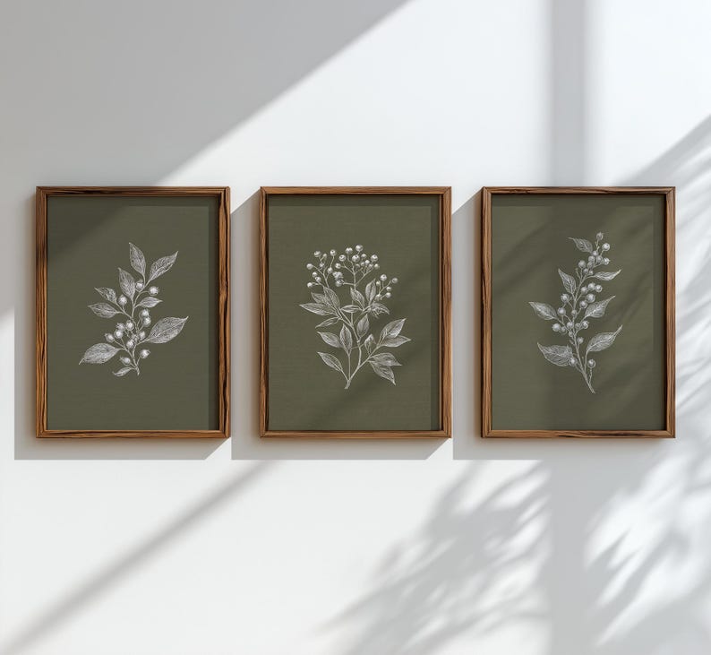 Vintage Olive Green Botanical Print: Set of 3 Floral Wall Decor, French ...