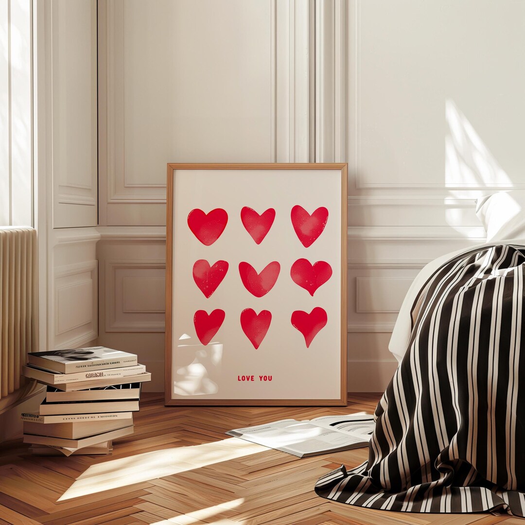 Red Hearts Love You Printable Poster, Abstract Hand Drawn Hearts Prints ...