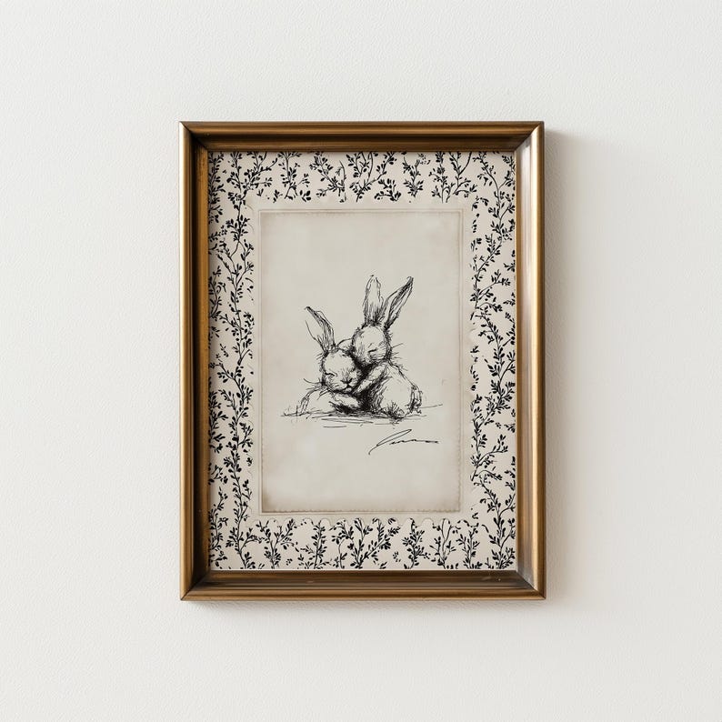 Floral Rabbit Sketch Print, Woodland Nursery Decor, Vintage Bunny ...