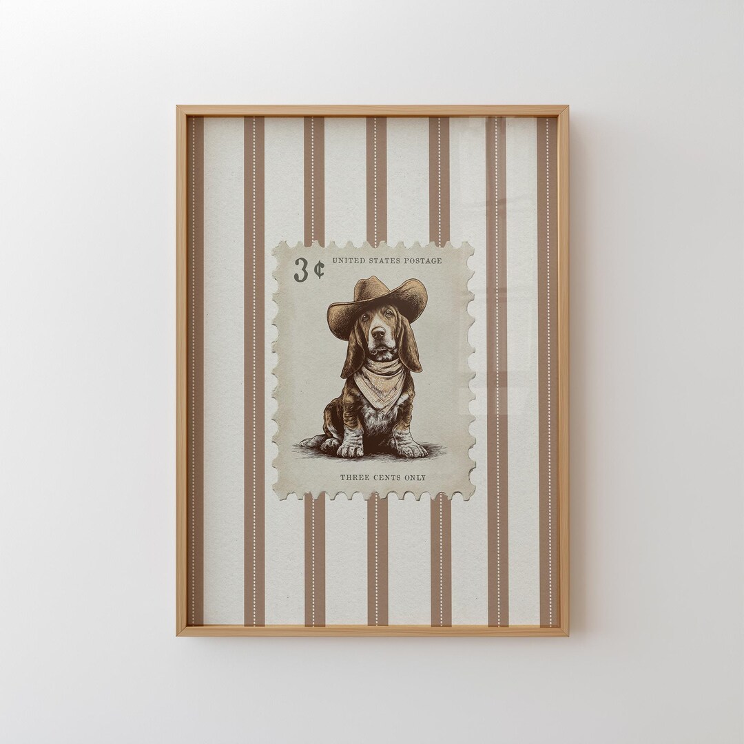 Cowboy Dog Print Vintage Stamp Home Decor Wall Art Rustic Basset Hound ...