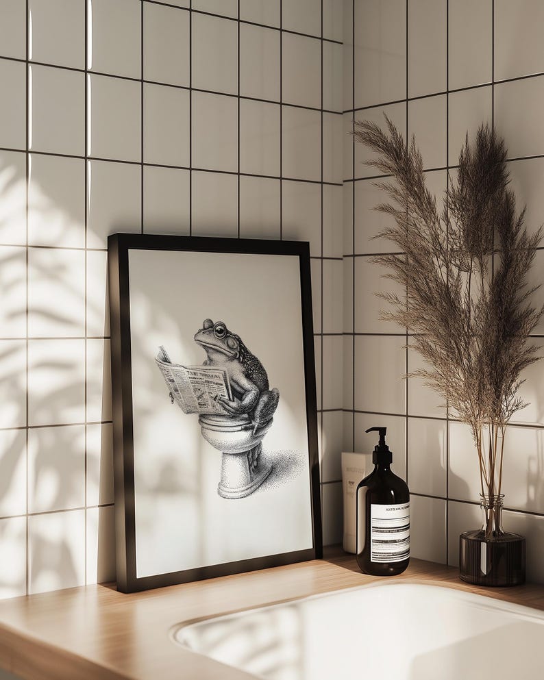 Vintage Frog on Toilet Print, Modern Funny Toilet Drawing, Quirky ...