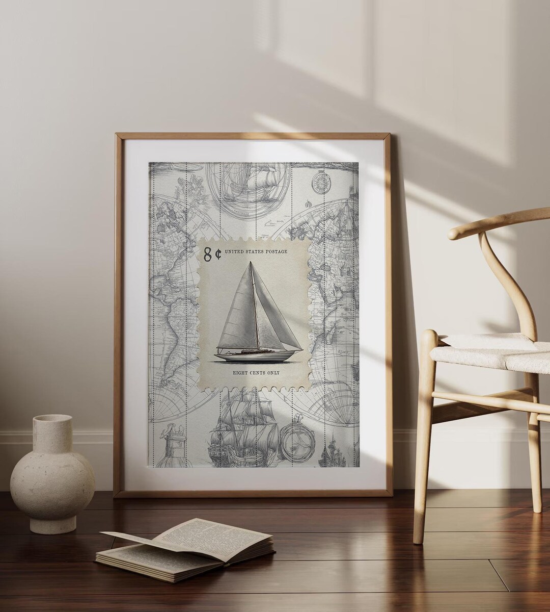 Neutral Coastal Wall Art, Sailboat Ocean Stamp Print Minimalist Beach ...