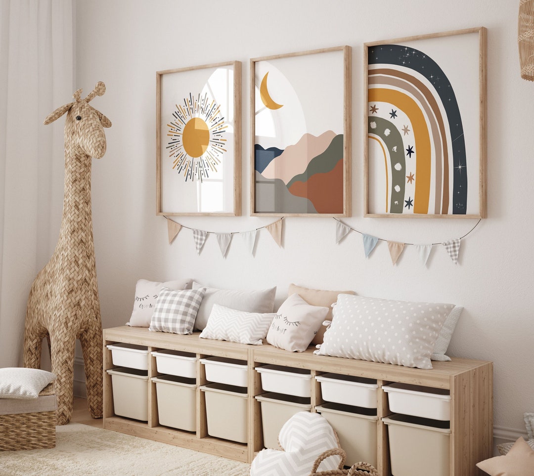Boho Nursery Print Set of 3, Sun Rainbow Moon Baby Room Posters, Gender ...