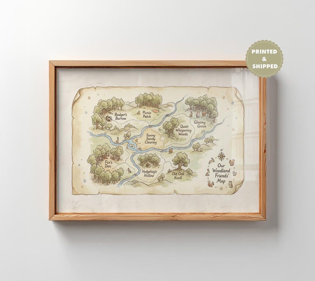 Whimsical Woodland Map Wall Art Print, Storybook Forest Illustration ...