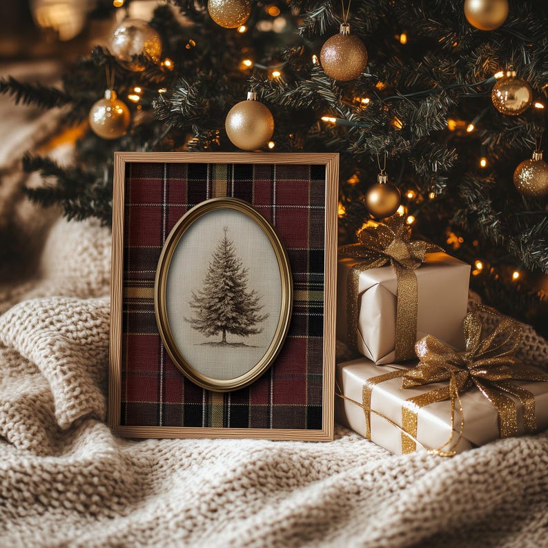 Vintage Christmas Tree Print Winter Plaid Decor Evergreen Sketch Xmas ...