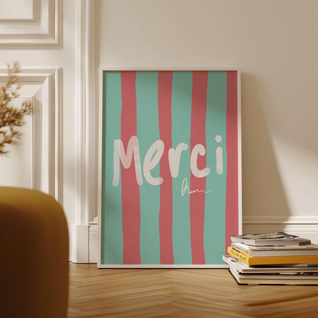 Merci Quote Print, Trendy Aesthetic Home Decor, Cute French Typography ...