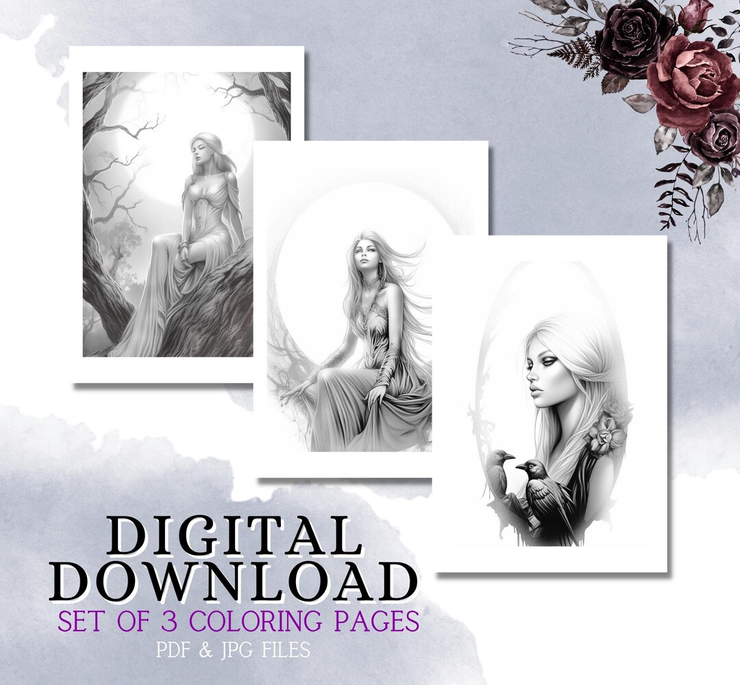 Dark Elegance: Gothic Artwork Coloring Page Bundle 3 Grayscale Coloring ...