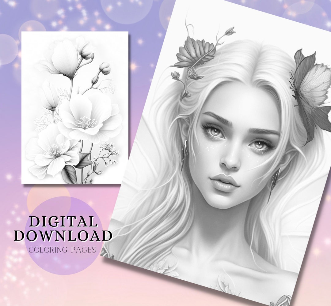 Beautiful Fairies | Grayscale Fairy Coloring | Fantasy Coloring Pages ...