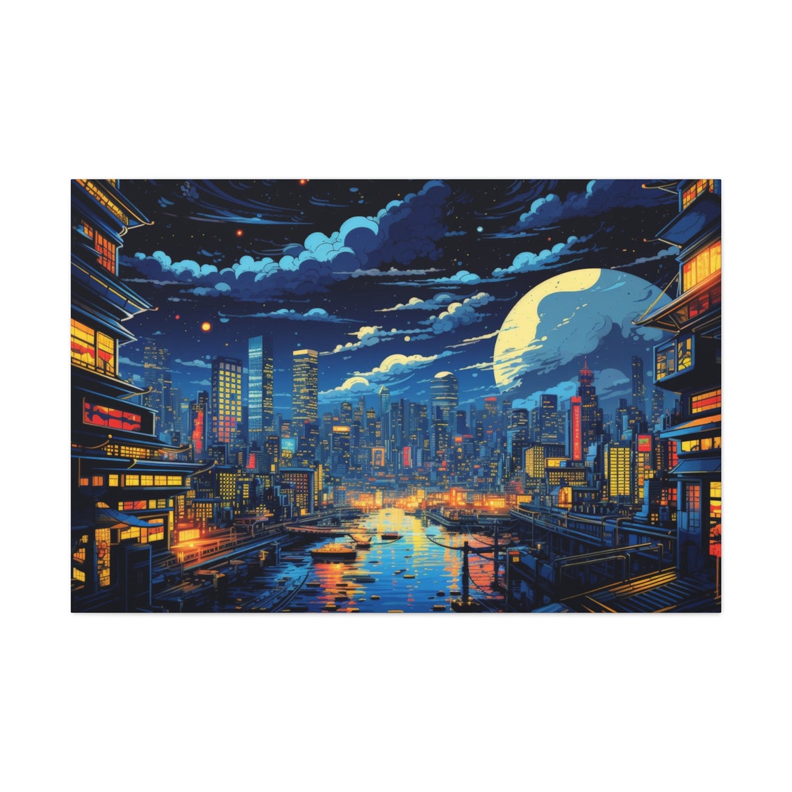 Cyberpunk Metropolis Canvas Ukiyo-e Style Art, Neon Lights Royal Blue ...