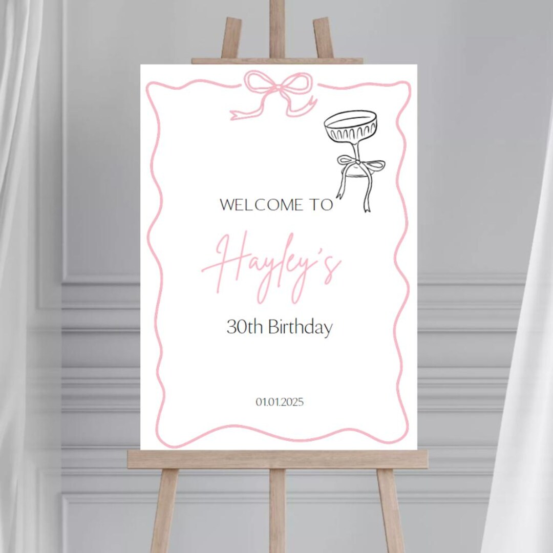 Pink Bow Wavy Border 30th Birthday Welcome Sign Template - Etsy