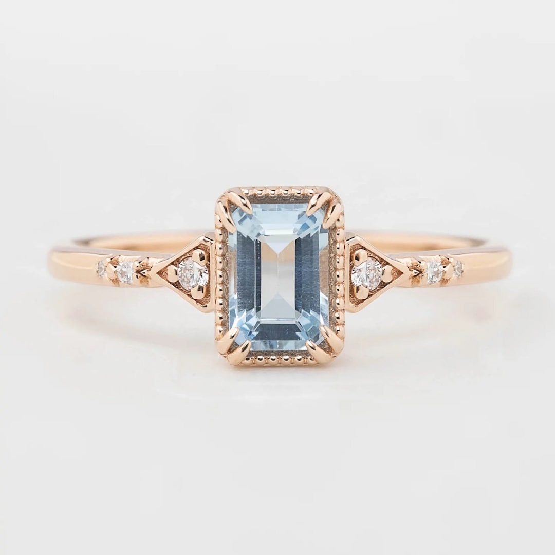 Emerald Cut Aquamarine Ring Rose Gold Aquamarine Engagement - Etsy