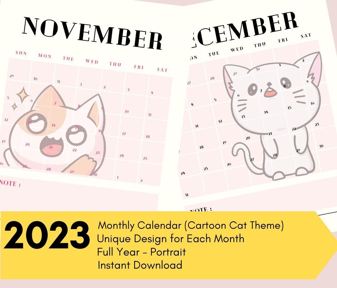 2023 Cat Theme Calendar Printable, Digital Monthly Planner, Minimalist ...