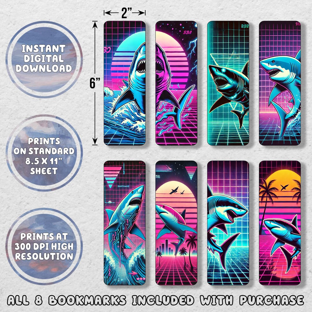 Cyberpunk Sharks Printable Bookmark Set | Printable Synthwave Bookmarks ...