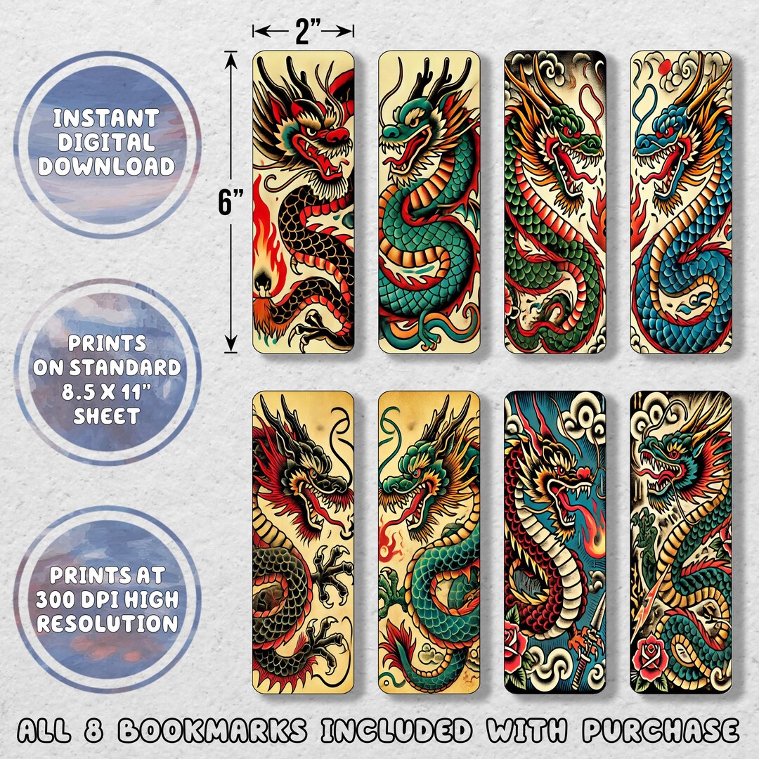 Traditional Tattoo Dragons Printable Bookmark Set | Printable Bookmarks ...