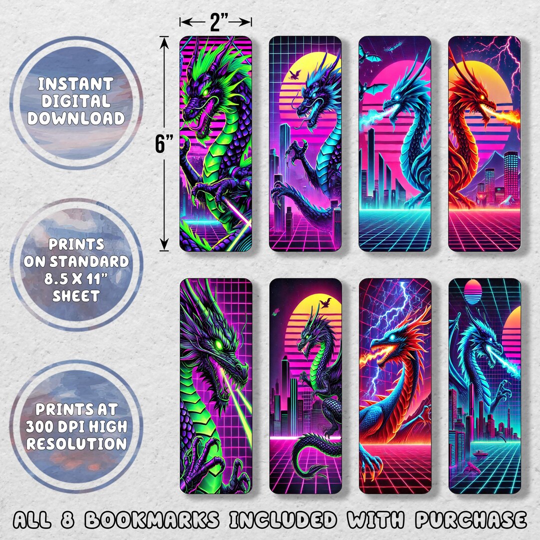 Cyberpunk Dragons Printable Bookmark Set | Synthwave Printable ...