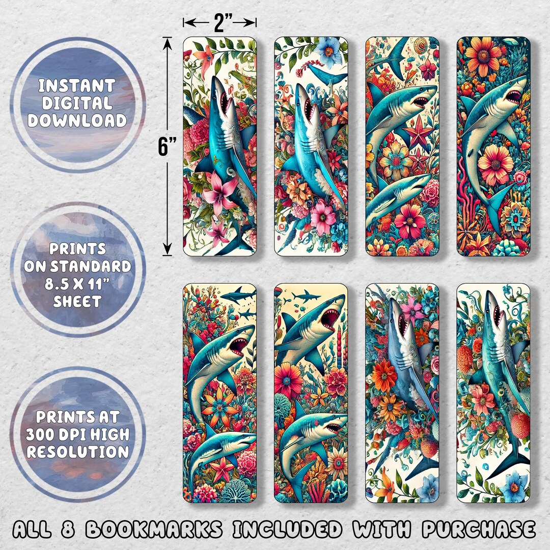 Floral Sharks Printable Bookmark Set | Printable Flower Bookmarks ...
