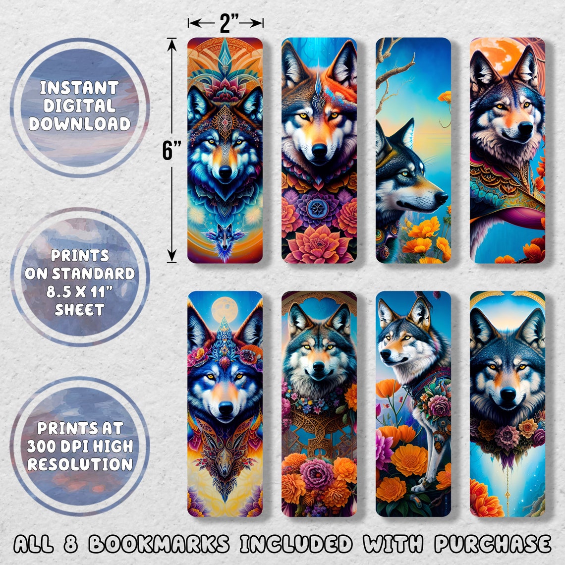 Flora Style Wolf Printable Bookmark Set Printable Bookmarks Instant ...
