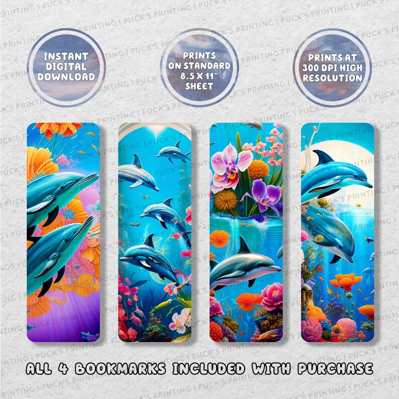 Dolphin Bookmarks Set of 4 | Flowers & Ocean Life (digital Download) - Etsy