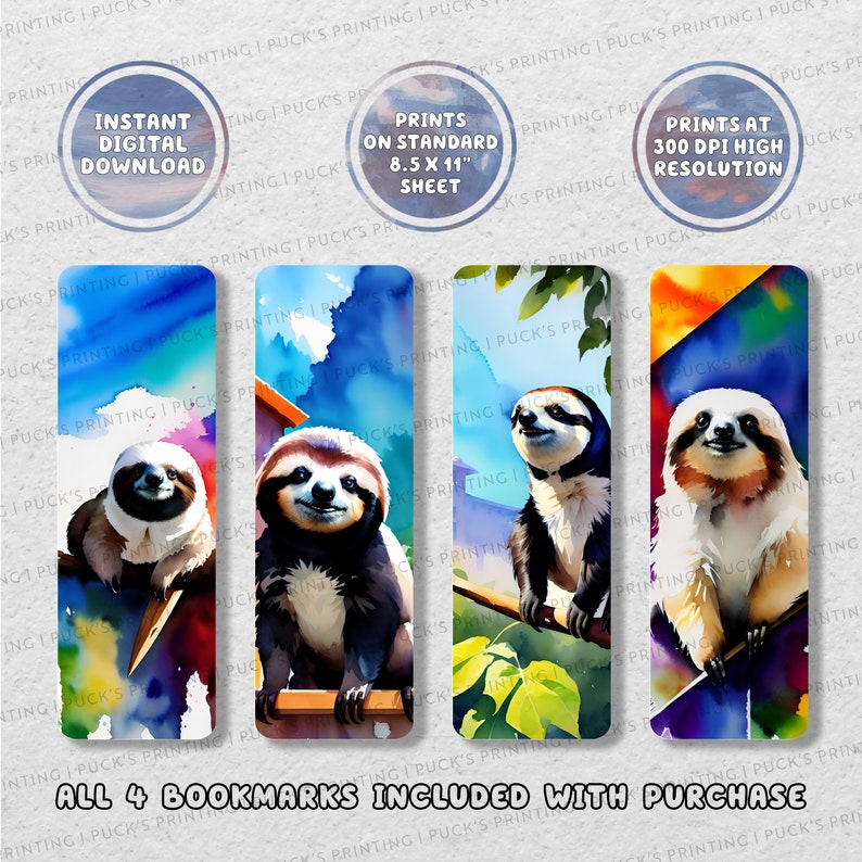 Watercolor Sloths Printable Bookmark Set of 4 Printable - Etsy