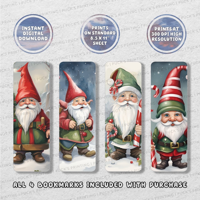 Vintage Christmas Gnomes Printable Bookmark Set of 4 | Printable ...