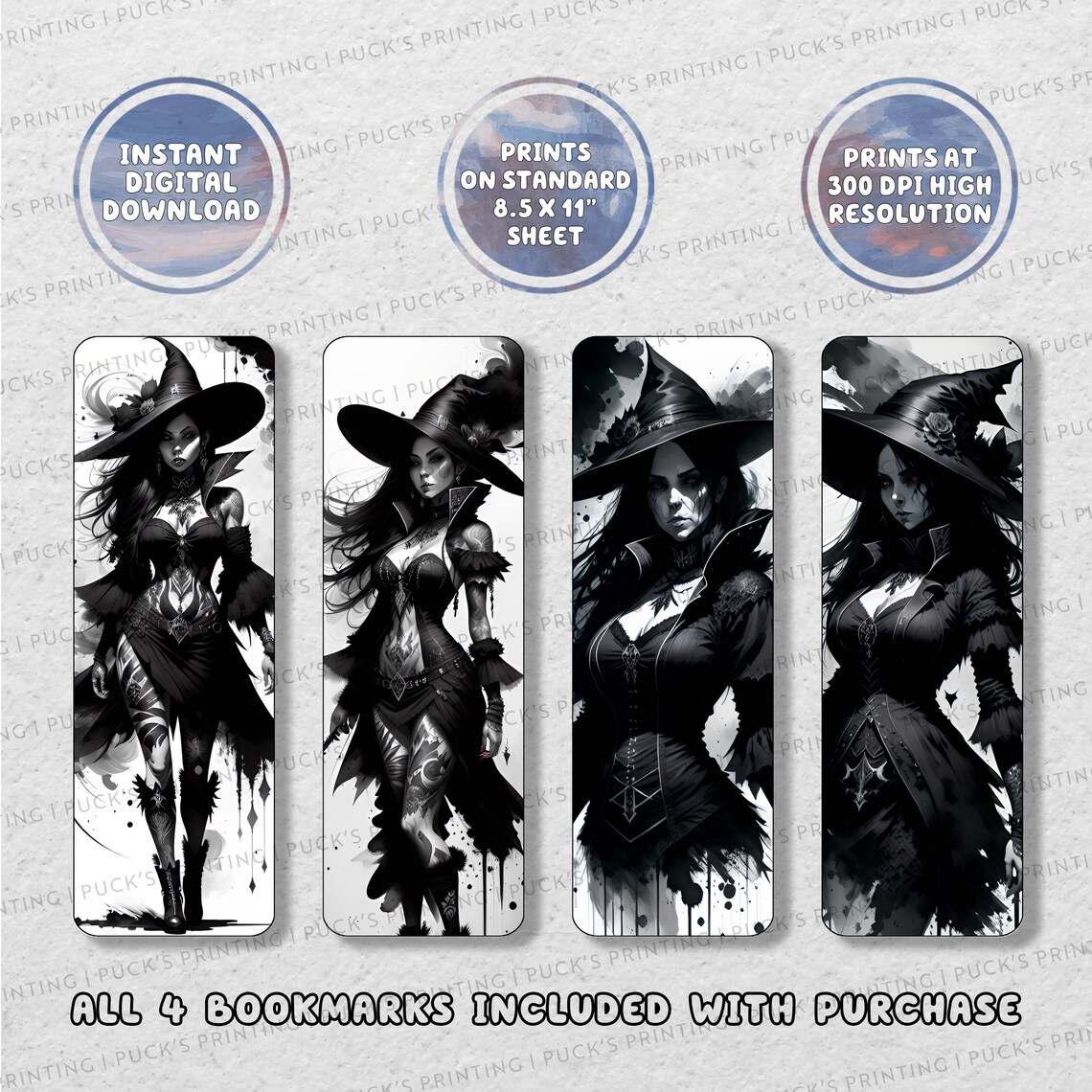 Tattooed Witch Printable Bookmark Set of 4 Printable Bookmarks Instant ...