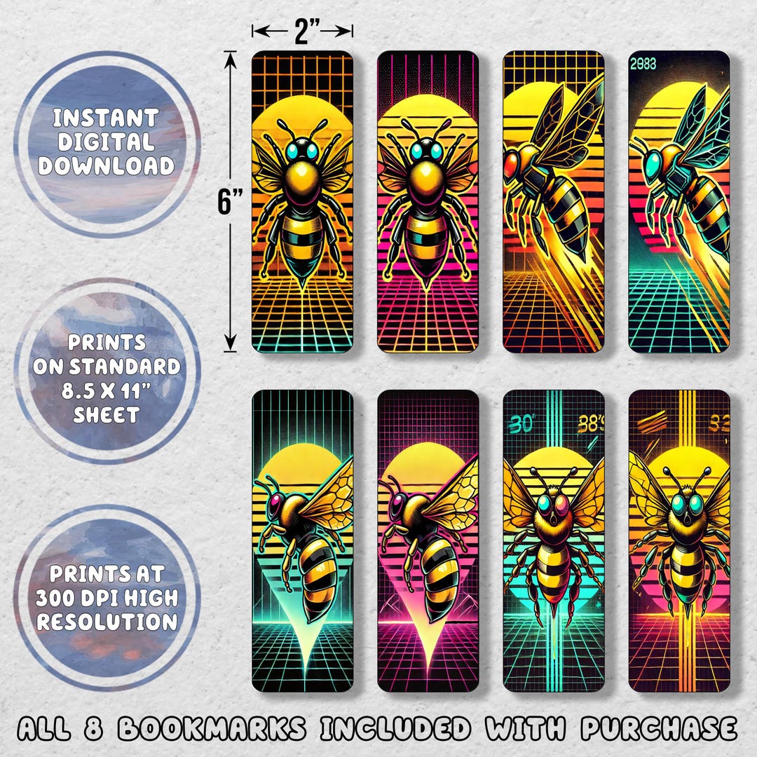 Cyberpunk Bees Printable Bookmark Set | Synthwave Printable Bookmarks ...