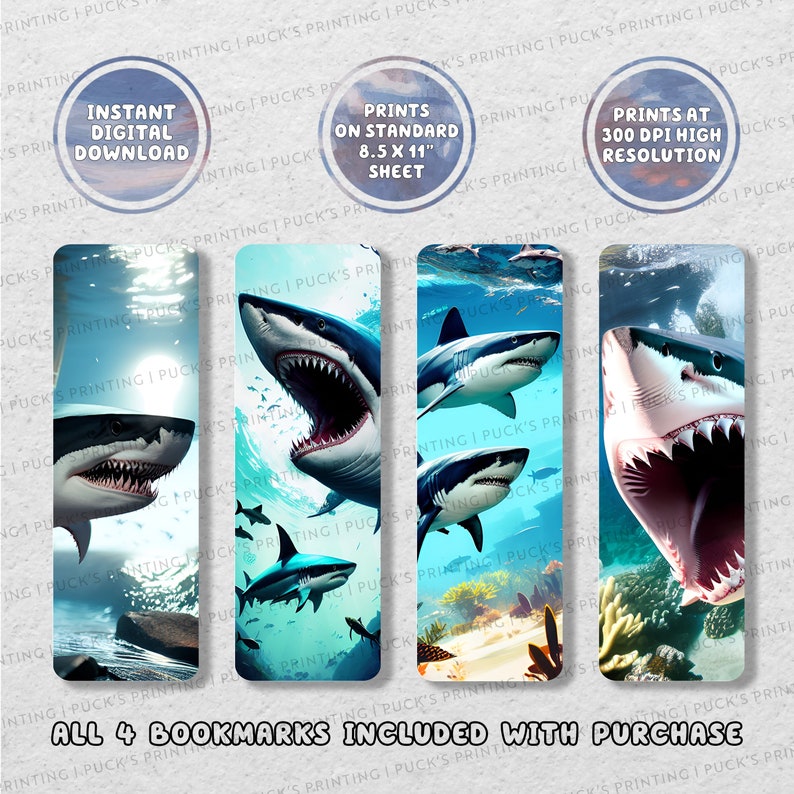 Hungry Sharks Printable Bookmark Set of 4 Printable Bookmarks Instant ...