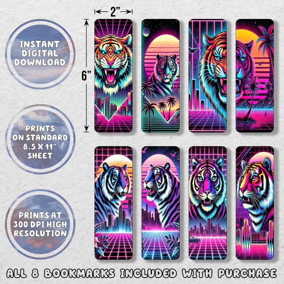 Cyberpunk Tigers Printable Bookmark Set | Printable Synthwave Bookmarks ...
