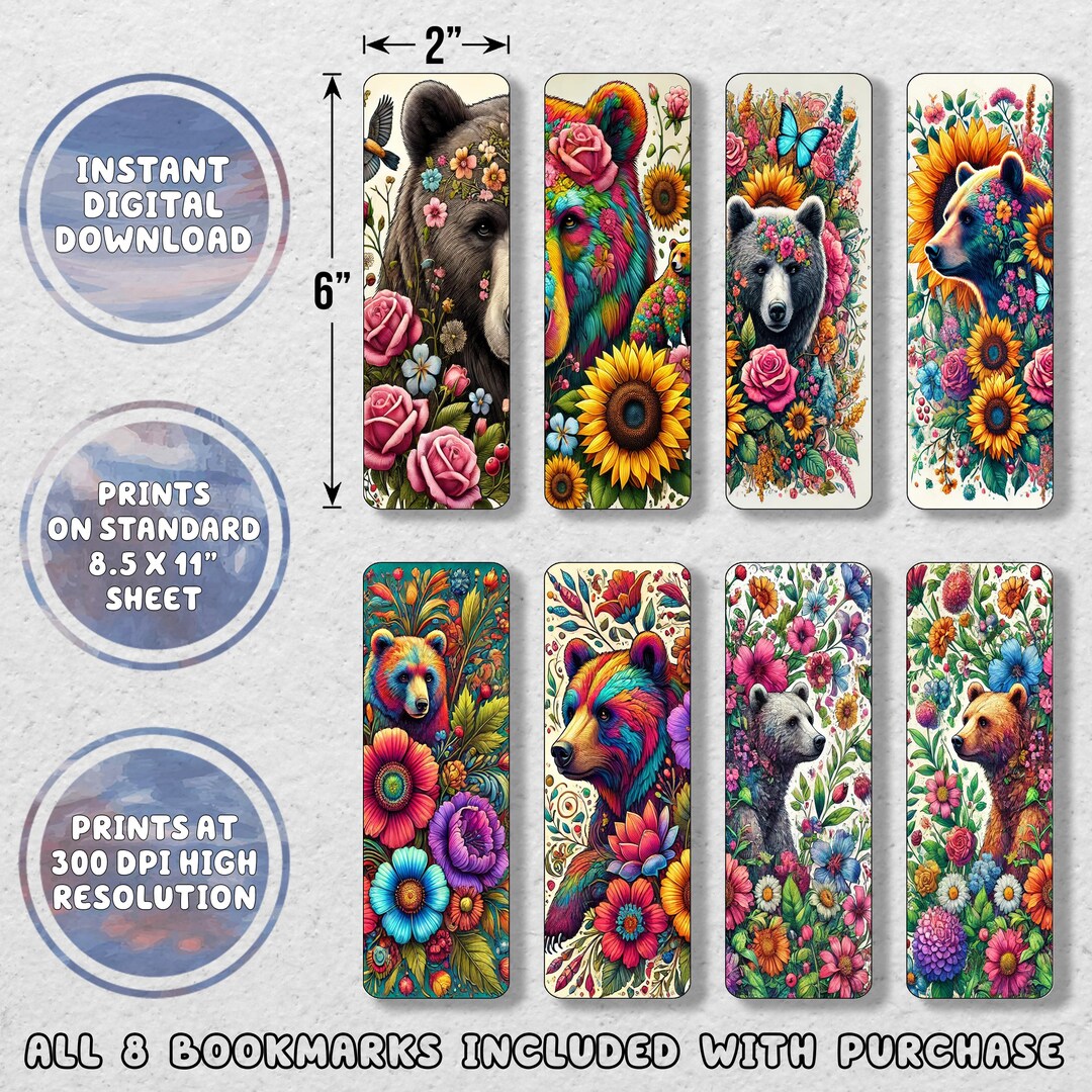 Floral Bears Printable Bookmark Set | Printable Bookmarks | Instant ...