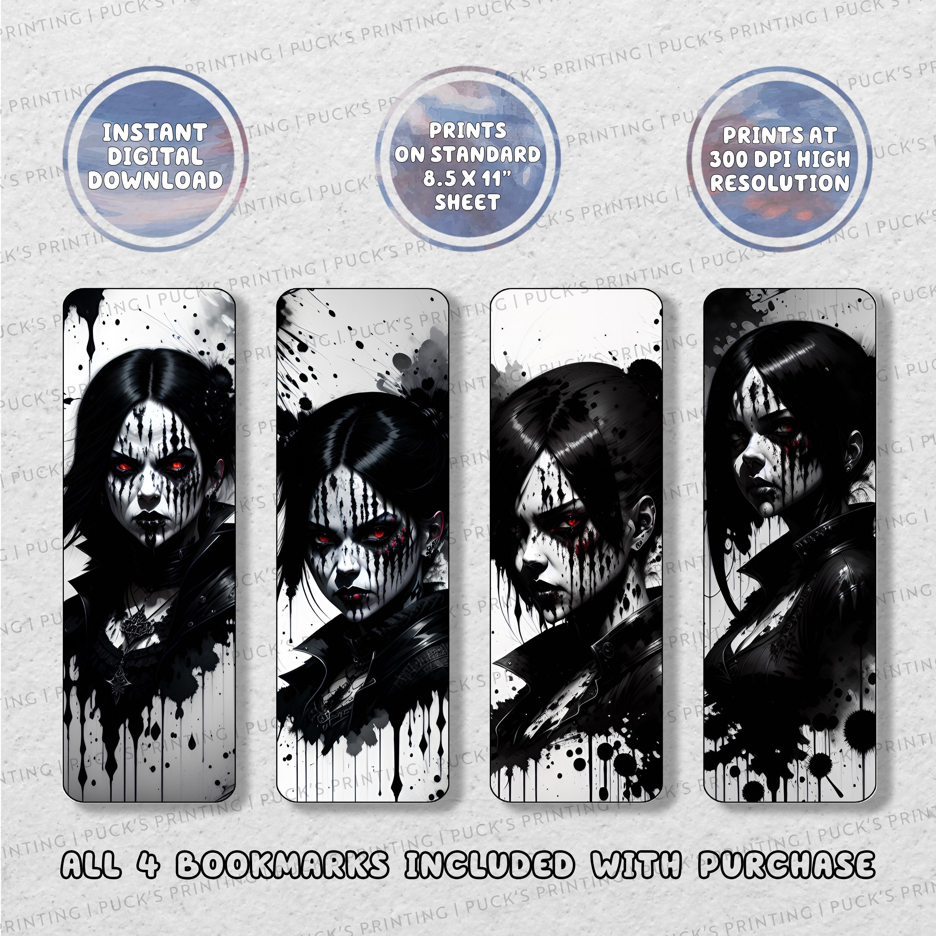 Goth Girl Horror Printable Bookmark Set of 4 Printable Bookmarks ...
