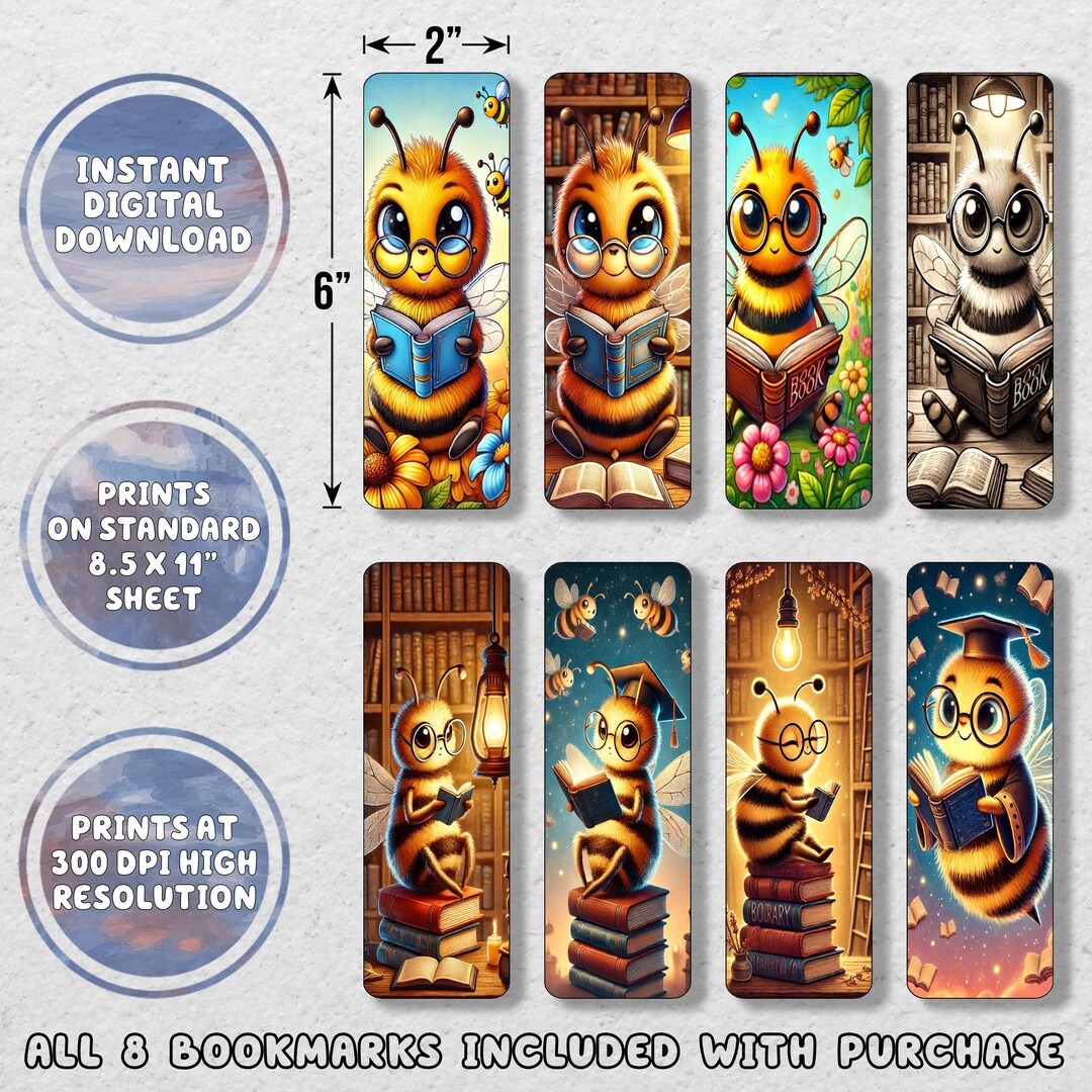 Bees Reading Books Printable Bookmark Set Printable Bookmarks Instant ...