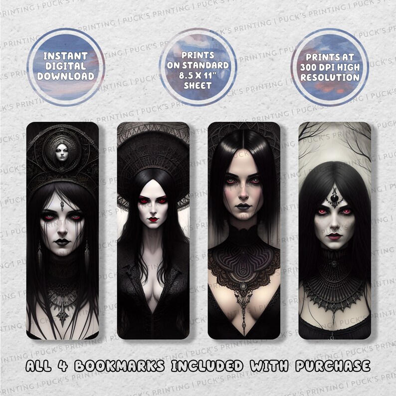 Goth Girl Horror Printable Bookmark Set of 4 Printable - Etsy