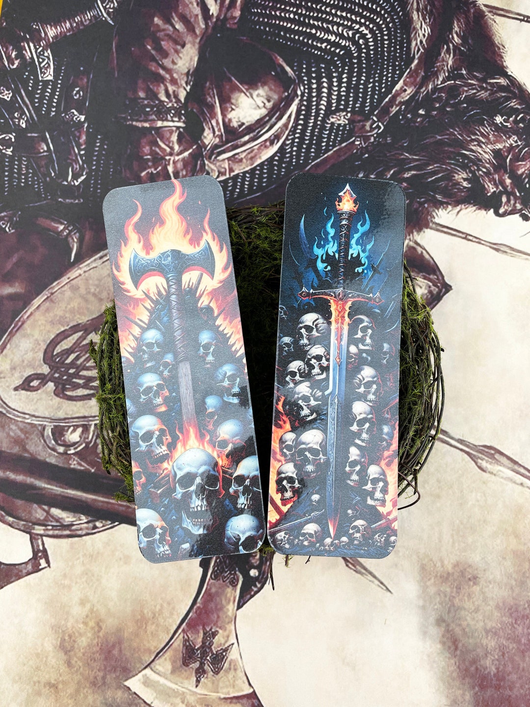 Viking Axe & Sword With Burning Skulls Bookmarks Laminated Die Cut ...